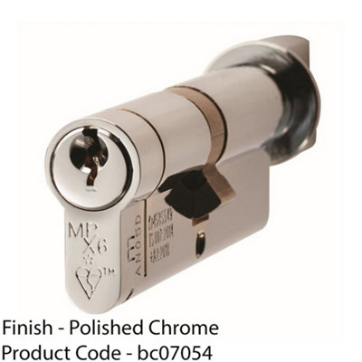 70mm EURO Cylinder Lock & Thumb Turn 6 Pin Polished Chrome Fire Rated ...