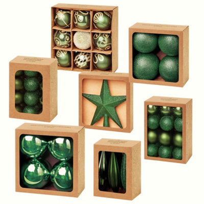 72 Piece Dark Green Christmas Tree Baubles Set With Star Tree Topper