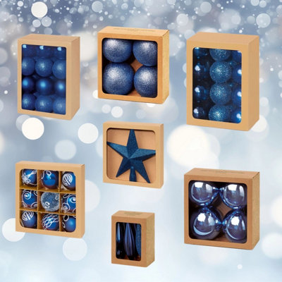 72 Piece Midnight Blue Christmas Tree Decorations Baubles Set With Tree ...