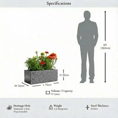 75cm Zinc Galvanised Graphite Black Textured Trough Planter