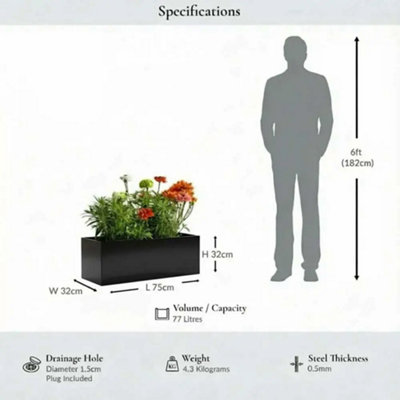 75cm Zinc Galvanised Platinum Black Trough Planter