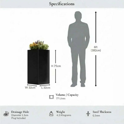 75cm Zinc Platinum Black Tall Square Planter