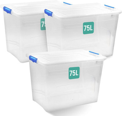 75L BPA Free Plastic Storage Boxes With Lids Set of 3 Stackable Clear Clip Lock