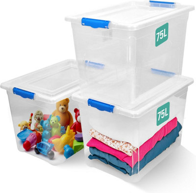 75L BPA Free Plastic Storage Boxes With Lids, Set of 3, Stackable, Clear, Clip-Lock