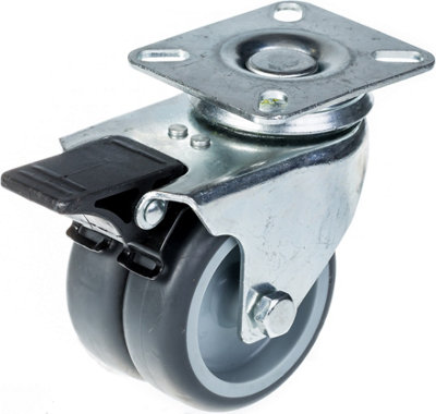 75mm 3" twin wheel castor grey rubber swivel with brake 200kg capacity ...
