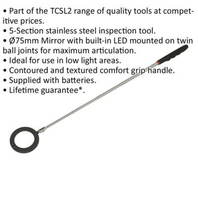 75mm LED Telescopic Inspection Mirror - Extends 290mm to 870mm for ...