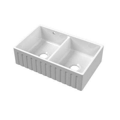 795mm - Fireclay Kitchen Double Bowl Fluted Front Butler Sink - Stepped ...