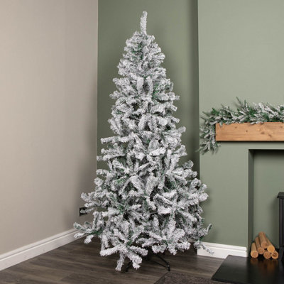 7ft (2.1m) Snow Flocked Artificial Christmas Tree with Green Metal ...