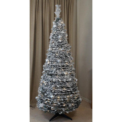 7ft Pre-Lit Pop Up Frosted Christmas Tree with Assorted Silver Baubles ...