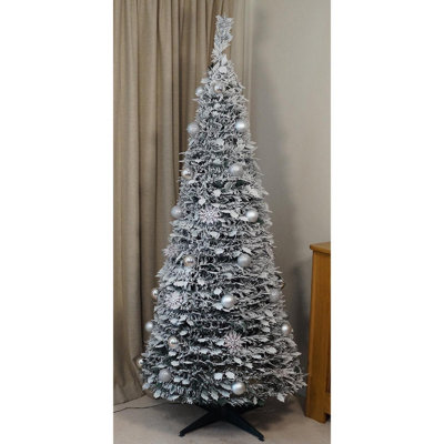 7ft Pre-Lit Pop Up Frosted Christmas Tree with Assorted Silver Baubles ...