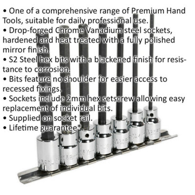 7pc Hex Socket Bit Set 3/8" Square Drive 3mm to 10mm - 110mm Long Shaft S2 Steel