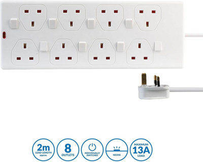 8-Gang Individually Switched Extension Lead, 2m White