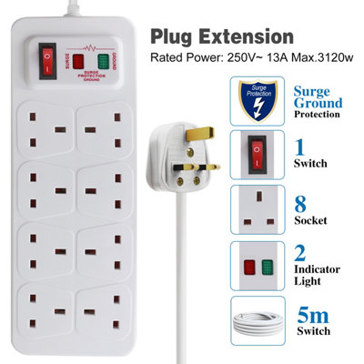 8 Gang Switched Surge-Protected Extension Lead 5M Cable White, 13A