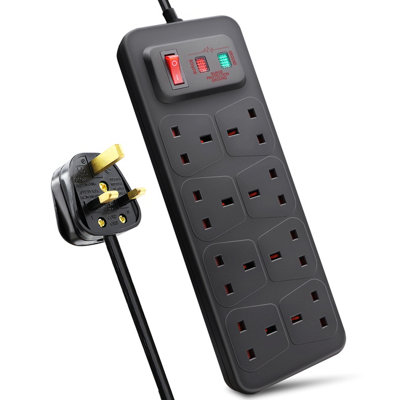 8 Gang Switched Surge-Protection Extension Lead 2M Black 13A