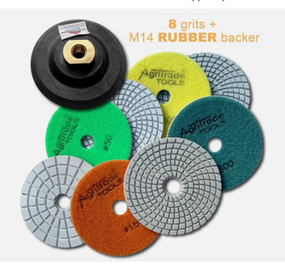 8 Grit Wet Diamond Polishing Pad Set 50 - 3000, Buff with M14 Rubber ...