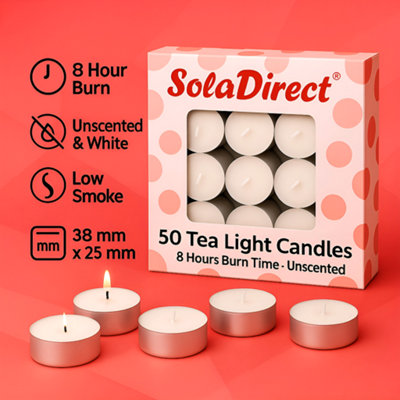 8 Hour Tealights Pack of 50 - Long Burn White Unscented Smokeless Tea ...