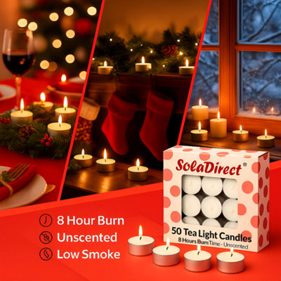 8 Hour Tealights Pack of 50 - Long Burn White Unscented Smokeless Tea Light Candles 38 mm x 25 ...