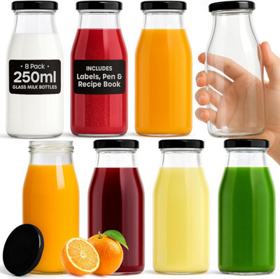 8 Pack Glass Milk Bottles with Lids, Labels & Pen 250ml Reusable Glass ...