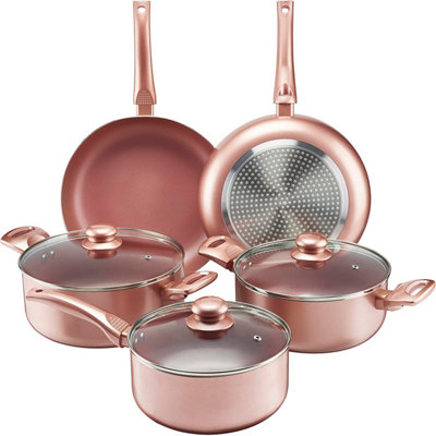 8 Piece Rose Gold Kitchen Cookware Set - Dishwasher Safe Aluminium Pots ...
