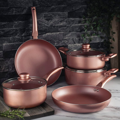8 Piece Rose Gold Kitchen Cookware Set - Dishwasher Safe Aluminium Pots ...