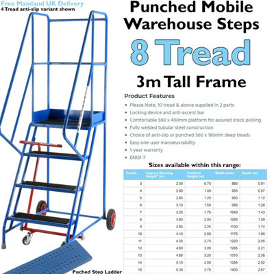 8 Tread Mobile Warehouse Safety Ladder with Punched Steps - EN131-7 Blue