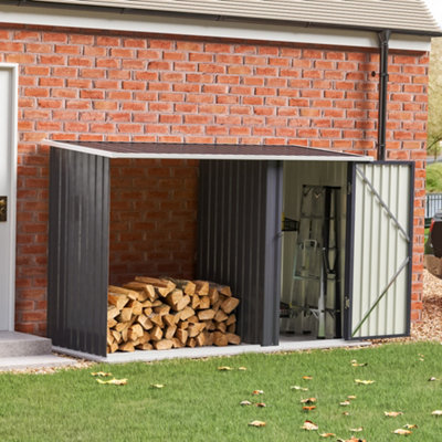 8 x 3 ft Metal Garden Log Store with Outdoor Tool Storage Shed Charcoal ...