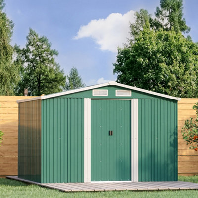 8 x 6 ft Metal Shed Garden Storage Shed Apex Roof Double Door with Base ...