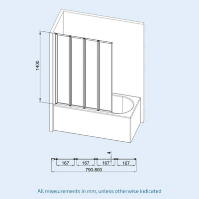 800 x 1400 mm 4 Fold Door Bath Shower Screen Black Frame