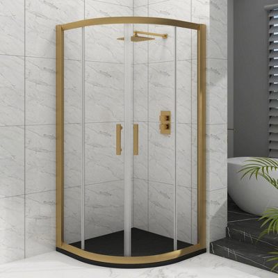 800 x 800mm Brushed Brass Quadrant Shower Enclosure with Black Stone ...