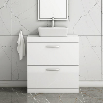 800mm Floor Standing Vanity Unit 2 Drawer Gloss White & Countertop ...