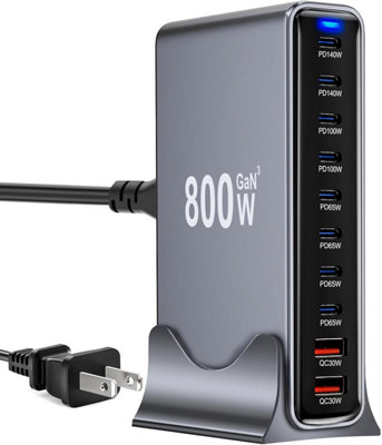 800W 10-Port GaN III Pro USB Charging Station, Dual 140W PD PPS for ...