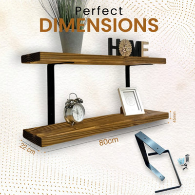 80cm Double Rustic Wooden Shelves Wall-Mounted Shelf with Seated Double ...