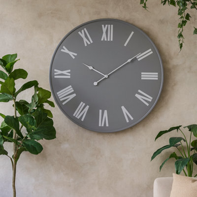 80cm Grey Metal Wall Clock with White Roman Numerals and Minimal Frame