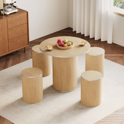80CM Round Dining Table and Chairs of 4, Modern Dinner Table Oak