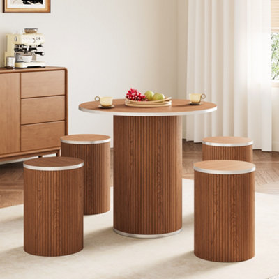 80CM Round Dining Table and Chairs of 4, Modern Dinner Table Walnut