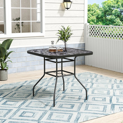 80cm Stone Grain Square Table Tempered Glass Top Table with Parasol Hole