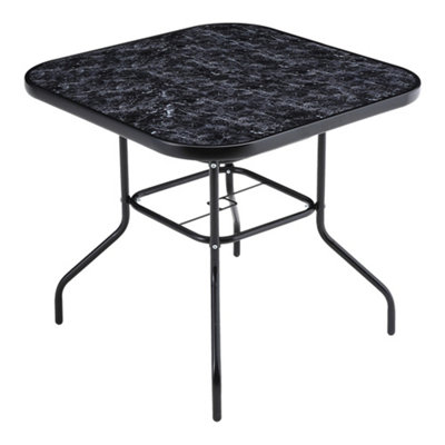 80cm Stone Grain Square Table Tempered Glass Top Table with Parasol Hole