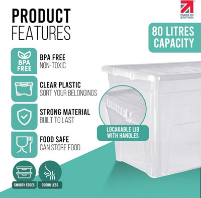 80L BPA free Plastic Storage Boxes With Lids Set of 3, Stackable, Clear