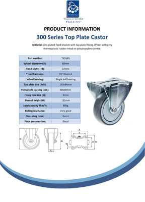 80mm 3" castor grey rubber tyre fixed strong 80kg capacity