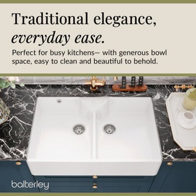 895mm - Fireclay Double Bowl Stepped Weir Butler Sink - with Tap Ledge ...