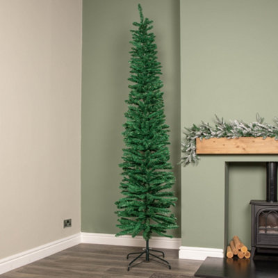8ft (2.4m) Green Artificial Pencil Christmas Tree With Green Metal ...