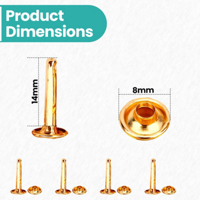 8mm x 14mm Extra Long Double Cap Tubular Rivets, Gold, 50pcs