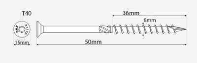8mm x 50mm (Pack of 100) Yellow Hardened Countersunk Head Torx Wood ...