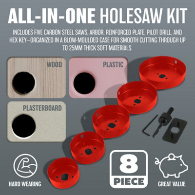 8pc Circular Carbon Steel Holesaw Set Wood Plasterboard Tooth In Case ...