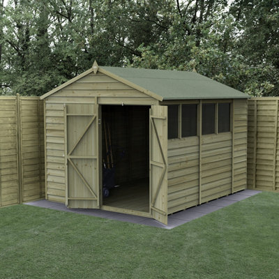 8x10 4LIFE Apex Shed 25yr Guarantee Overlap Pressure Treated - Double Door - 4 Window - With Base
