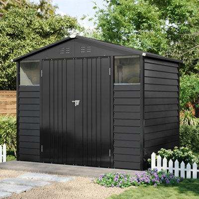 8x5.7FT Metal Shed Apex Roof Garden Storage Shed with Two Window Black