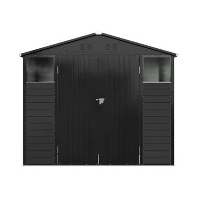 8x5.7FT Metal Shed Apex Roof Garden Storage Shed with Two Window Black