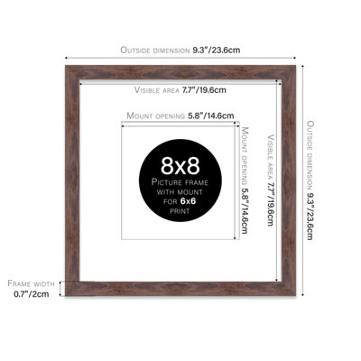 8x8" Walnut Picture Frame - 8x8" Square Frame with 6x6" Mount for 8x8 ...