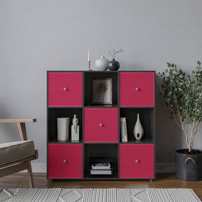 9 Cube Black Wooden Bookcase Shelving Unit with 5 Collapsible Fabric ...