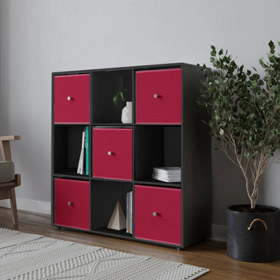 9 Cube Black Wooden Bookcase Shelving Unit with 5 Collapsible Fabric ...